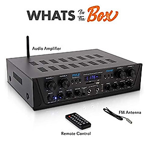 Pyle 500W Karaoke Wireless Bluetooth Amplifier - 4 Channel Stereo Audio Home Theater Speaker Sound Power Receiver with AUX IN, FM, RCA Subwoofer Speakers OUT, USB, Microphone IN with Echo - PTA44BT