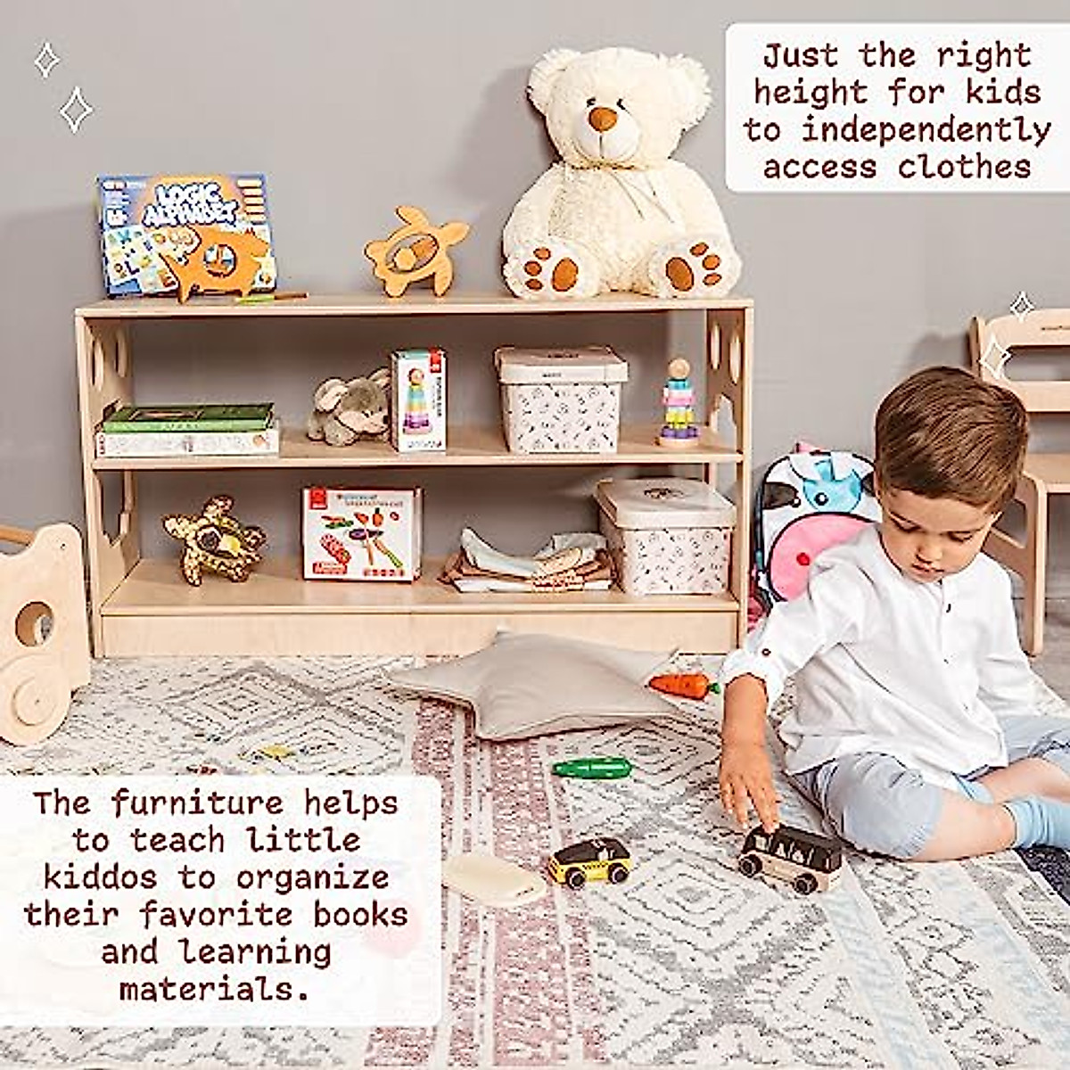 Woodandhearts Montessori 3 Tier Shelf - Low Open Shelf for Toddler - Wooden Floor Kids Organizer - Nursery Shelf for Storage (Natural wood, Low shelf "in order"))