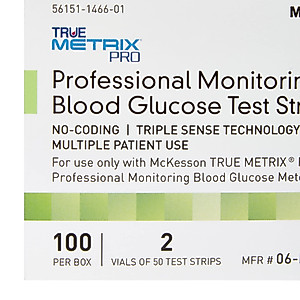 McKesson TRUE METRIX PRO Professional Monitoring Blood Glucose Test Strips - No Coding, Triple Sense Technology, Multiple Patient Use - Vials of Strips, 100 Strips, 1 Pack