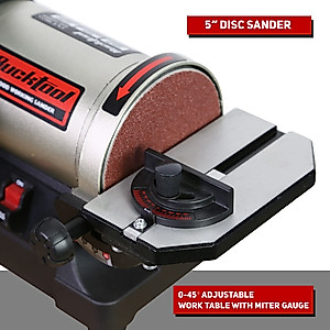 Bucktool 1x30 Inch Bench Belt Sander with 5 Inch Disc with Wrench Storage and Easy Belt Cover Off, 1/3HP Direct Drive Benchtop Belt Disc Sander