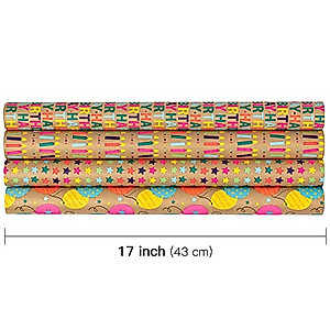 RUSPEPA Kraft Wrapping Paper Rolls - 17 inches x 10 feet per Roll, Total of 4 Rolls, Colorful Birthday