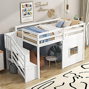 VilroCaz Playful Design Twin Size Loft Bed with Storage Staircase and Window for Kids Teens Boys Girls, Solid Wood Low Loft Bed Frame with Safety Guard Rails, Space-Saving (White-C9)