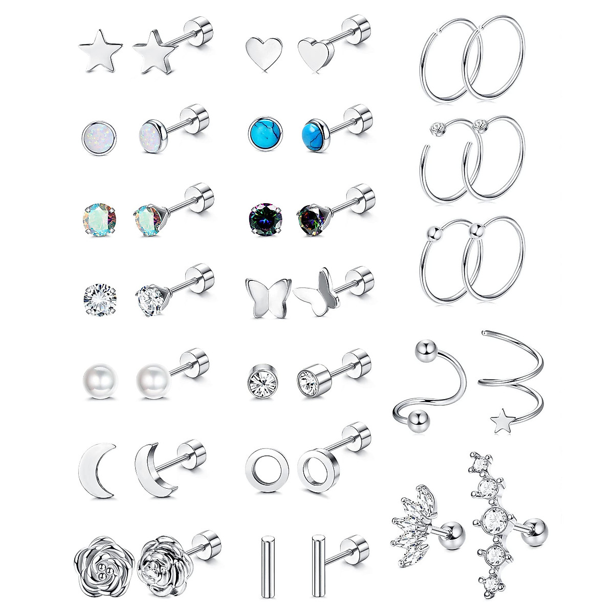 YADOCA 19Pairs Surgical Steel Flat Back Stud Earrings For Women Men Hypoallergenic Cartilage Earrings Stud Hoops Small CZ Heart Star Moon Opal Butterfly Helix Tragus Daith Earrings Piercing Jewelry