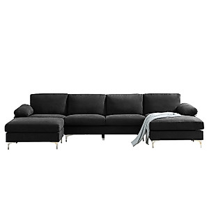 Verfur 5 Seats Convertible Sectional Sofa with Extra Wide Reversible Chaise and Movable Ottoman, U Shaped Symmetrical Modular Corner Couch Living Room Furniture Sets for Home Office, Black 128.3"