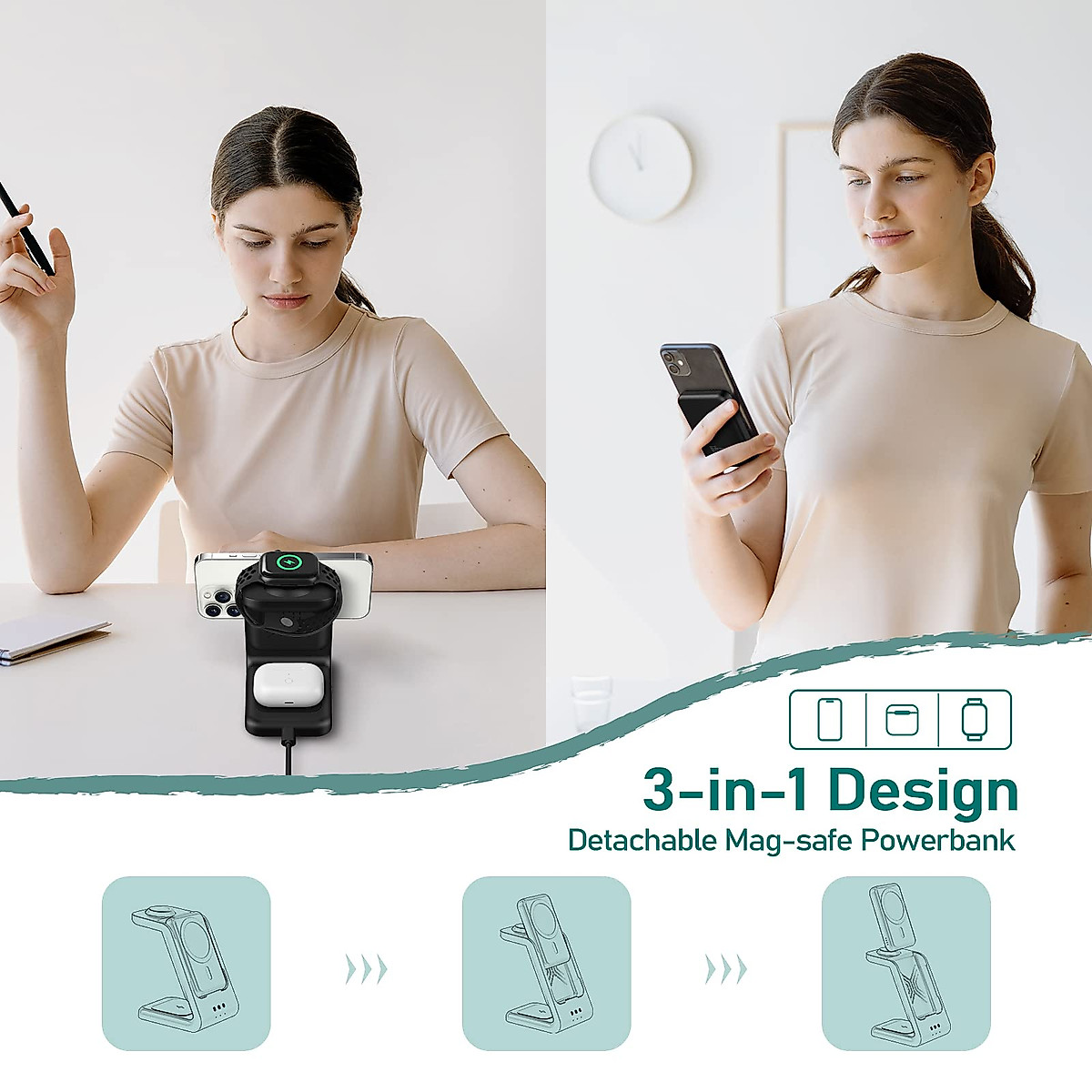 Smtcsl 3 in 1 Wireless Charging Station, Fast Charger Stand Compatible for iPhone/Apple Watch/Airpods, 5000mAh Mag-Safe Battery Pack USB C Power Bank for 15 14 13 12 Series, 20W PD Adapter (Black)