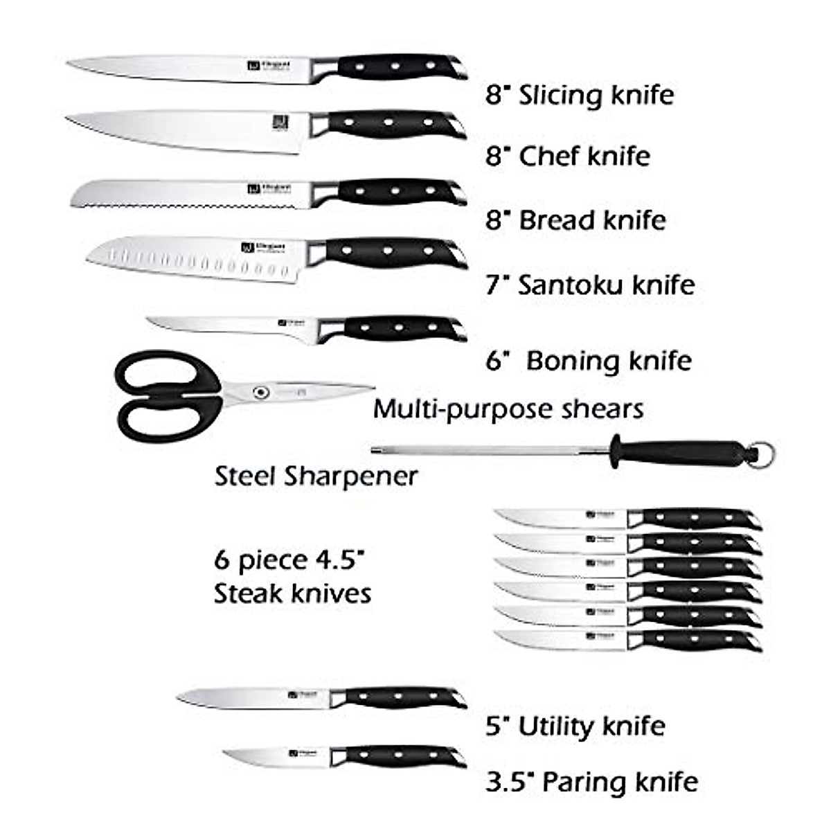 J&J Pop Series 16-Piece Kitchen Knives, Stainless Steel Chef's Knife Set with Wooden Block…