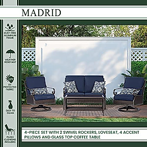 Hanover 4-Piece Madrid Outdoor Patio Furniture Chat Set, 2 Swivel Rocker Side Chairs, Loveseat, Glass Top Coffee Table, All-Weather Hand-Woven Wicker, Aluminum Frames, Thick Cushions, Navy