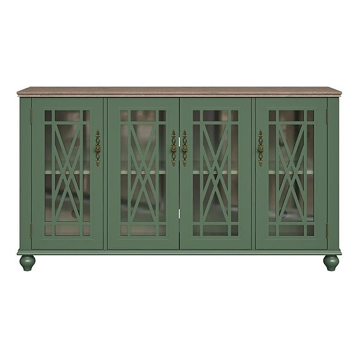 Liviland 63" Farmhouse Engineered Wood Kitchen Accent Buffet Sideboard Cabinet with 4 Glass Paneled Doors, Adjustable Shelves, Assembly Required, for Kitchen/Dining Room/Living Room/Entryway, in Green