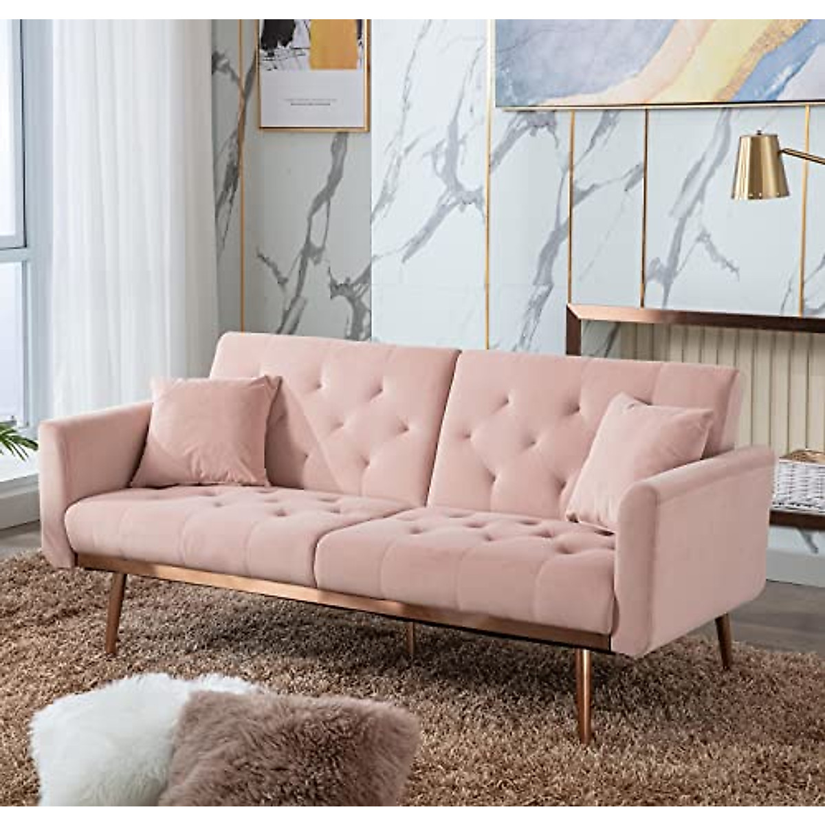 HBHM Velvet Accent Sofa, Loveseat Mid Century Modern Velvet Fabric Couch, Convertible Futon Sofa Bed, Recliner Couch Accent Sofa Loveseat Sofa with Gold Metal Feet,Pink