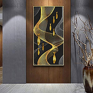 Modern Abstract Golden Fish and Lines Posters and Prints Wall Art Canvas Painting Room Wall Art Picture Home Decoration 90x183cm/35x72inch With Golden Framed Ready to Hang