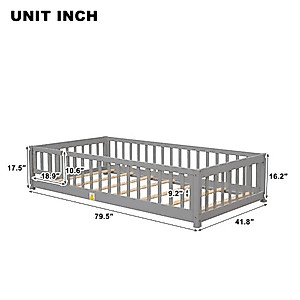 Twin Size Floor Platform Bed with Fence, Wooden Playpen Bed for Kids, Kids Fence Bed with Door, No Box Spring Needed (Grey)