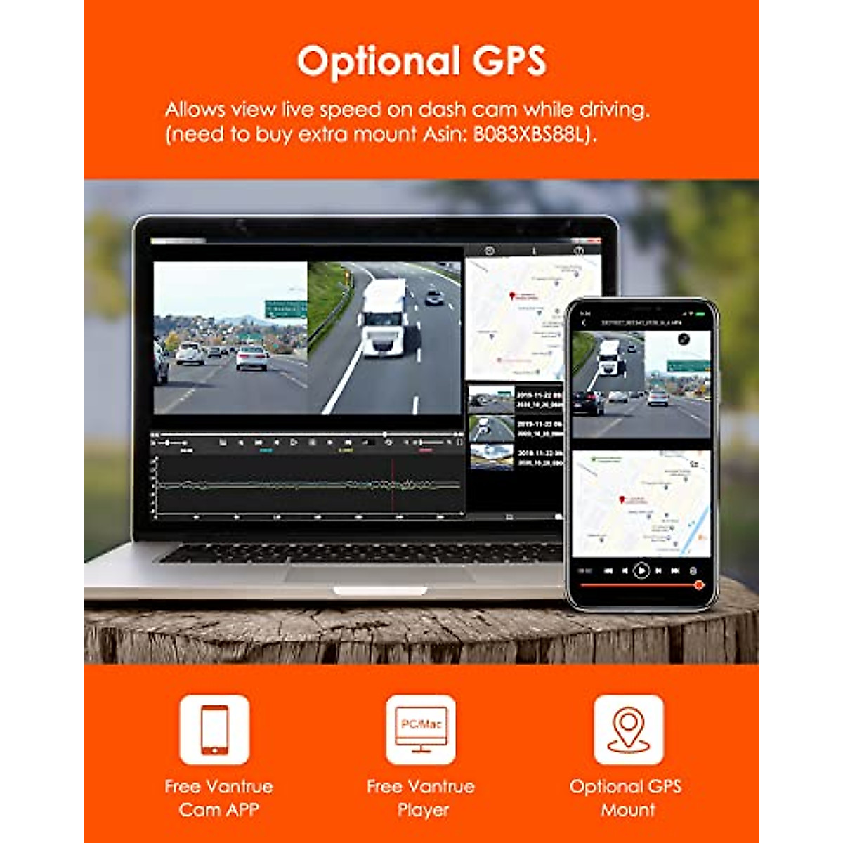 Vantrue X4S Duo Dash Cam+Harewire Kit+GPS Mount