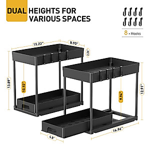 Delamu 2 Pack Under Sink Organizers and Storage, 2 Tier Pull Out Under Cabinet Organizer, Black Under Sink Storage for Bathroom Kitchen, Under Counter Storage organizer with 8 Hooks