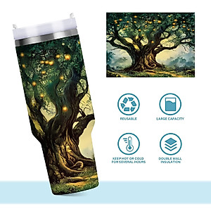 Jihqo Fairy Tales Glowing Tree 40 oz Stainless Steel Vacuum Insulated Tumbler with Handle and Straw Lid, Leakproof Water Bottle Double Wall Travel Mug Coffee Cup, Cupholder Friendly