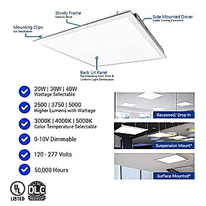 2x2 FT LED Light Flat Panel, 20/30/40W, Color Temperature Selectable 3K | 4K | 5K, Dimmable Recessed Drop Ceiling Lights, 2500/3750/5000 Lumens, Lay in Fixture for Office, 120-277V, UL DLC(6 Pack)