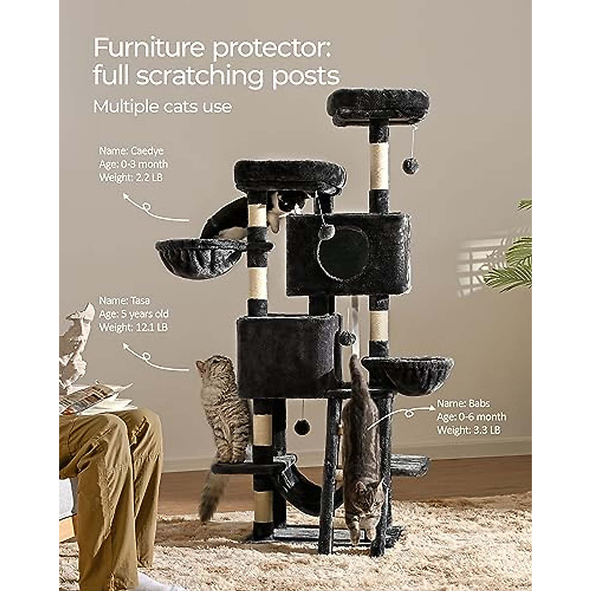 FourFurPets Cat Tree for Indoor Cats, 63in Cat Tower, Cat Condo, Two Cat Perch, Wwo Cat Caves, Two Cat Basket, Sisal Scratching Stairs, Toys, Smoky Gray