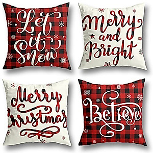 Christmas Decorations Christmas Pillow Covers 18x18 Inches Set of 4 Farmhouse Buffalo Plaid Black and Red Throw Pillow Case Winter Holiday Christmas Decor Home Sofa Couch Cushion Indoor Decorations