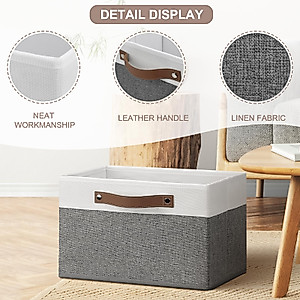 LOVSTORAGE Storage Boxes, 3 Pack Fabric Collapsible Storage Organizer Container with Leather Handle, 13 x 9 x 8 inch Rectangular Storage Bins Baskets for Shelves Home Nursery, White/Grey