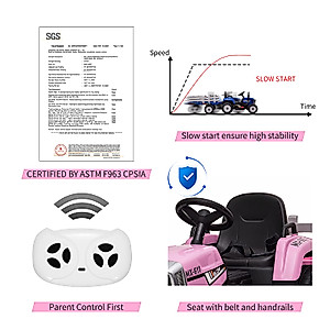Nasitip 12V Kids Battery Powered Electric Tractor with Trailer, Toddler Ride On Car w/Remote Control/ 7-LED Headlights/ 2+1 Gear Shift/ MP3 Player/USB Port for Kids 3-6 Years (Pink, 25W/ Tread Tire)