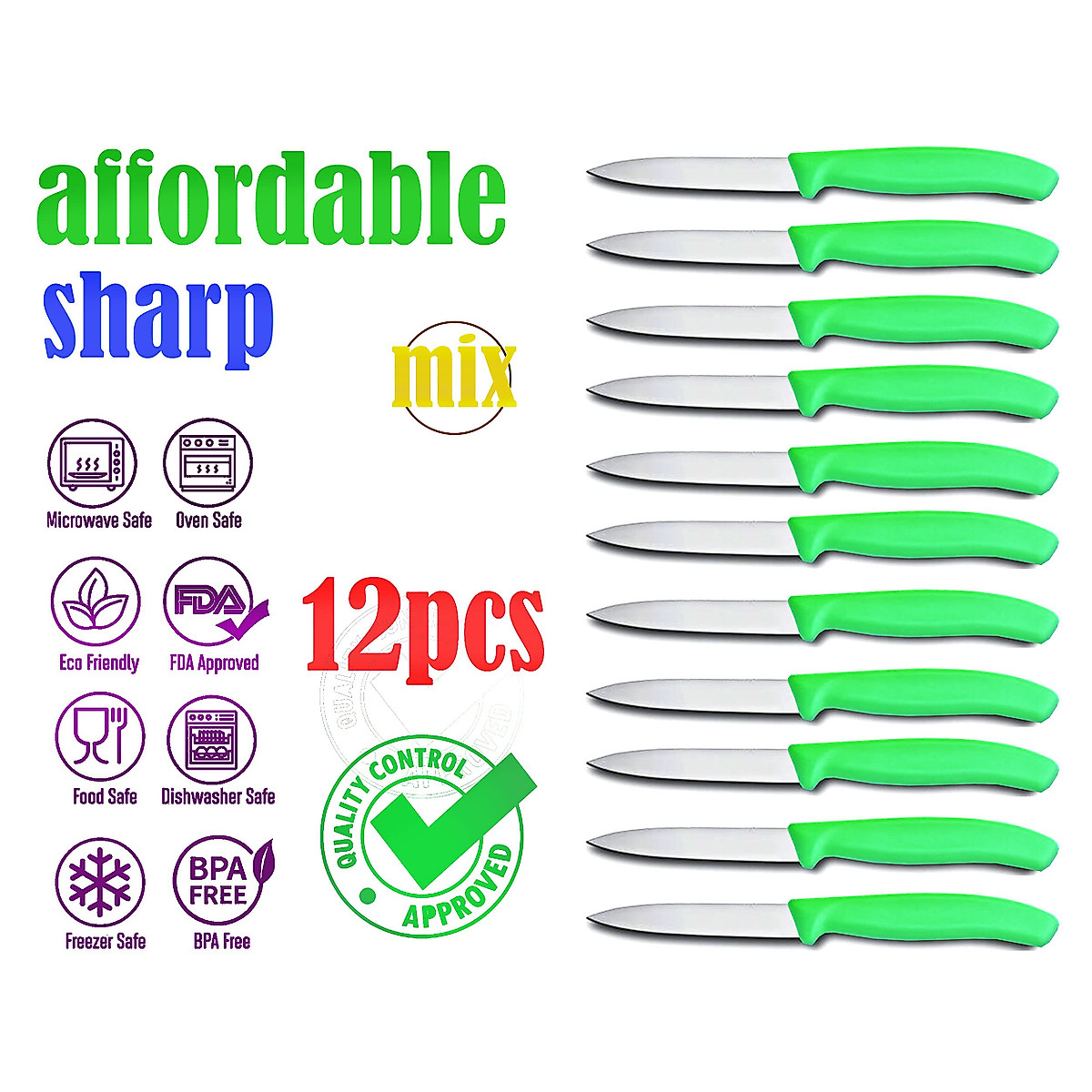 KitchenGear 12 Pcs Fruit Paring Knives - Knife Set of 12 - Small Kitchen Fruit Slicing Peeling Vegetable Tomato Knife 3.2" Inch Utility Small Straight Edge Spear Point - Best Gift Set