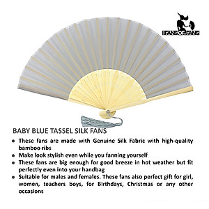FANSOF.FANS Fabric Handheld Folding Hand Fan With a Tassel Grade A Bamboo Ribs for Women Girls Summer Party Event Favor Birthday Wedding Souvenir Gift (Baby Grey)