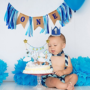 Kawailay 1st Boy Birthday Cake Topper Set Glitter Happy Birthday Cake Banner Flag First Birthday Cake Topper with Hot Air Balloon Clouds Stars for Baby Shower Boy s Birthday Party Supplies - Blue