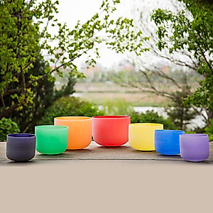 7"-12" 432Hz Chakra Tuned Set of 7 Colored Frosted Quartz Crystal Singing Bowl