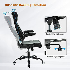 Executive Office Chair, High Back Ergonomic Leather Desk Chair, Widened Adjustable Headrest &Flip-up Arms for Home Office, Black (Modern, Black)