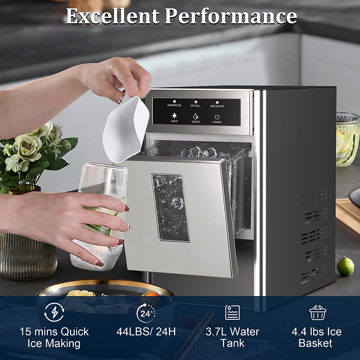 OOTDAY Nugget Ice Maker, 44 LBS/24H Portable Ice Maker with Self-Cleaning Function, Easy-to-Control, Counter Top Ice Maker Perfect for Home, Office, Kitchen, RV