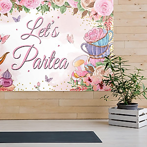 Let's Partea Backdrop Banner Decor Pink - Floral Tea Theme Happy Birthday Party Decorations for Women Girls Supplies