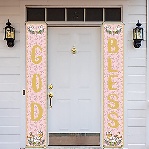 Pink First Communion Decorations God Bless Porch Banner Baptism Front Porch Sign 1st Communion Confirmation Decoration and Supplies for Girls-12×71''
