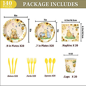 140pcs Disposable Winnie Baby Shower Party Supplies Classic Bear Party Decorations for Kids Boys Birthday Neutral Themed Plates Napkin Cups Disposable Tableware Set Serves 20 Guests