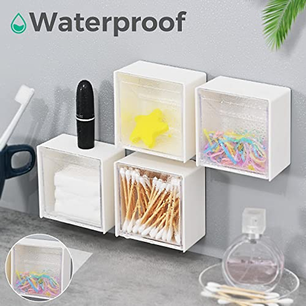 Temrudow 4 Pack Wall Mounted Qtip Holder Canisters for Cotton Swab, Floss, Cotton Ball, Cotton Round PadsWhite Qtip dispenser Qtip Jars with lid for Bathroom by Gusame