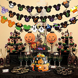 Mickey Minnie Halloween Happy Birthday Banner Cake Topper for Mickey Mouse Minnie Mouse Theme Halloween Birthday Party Decorations