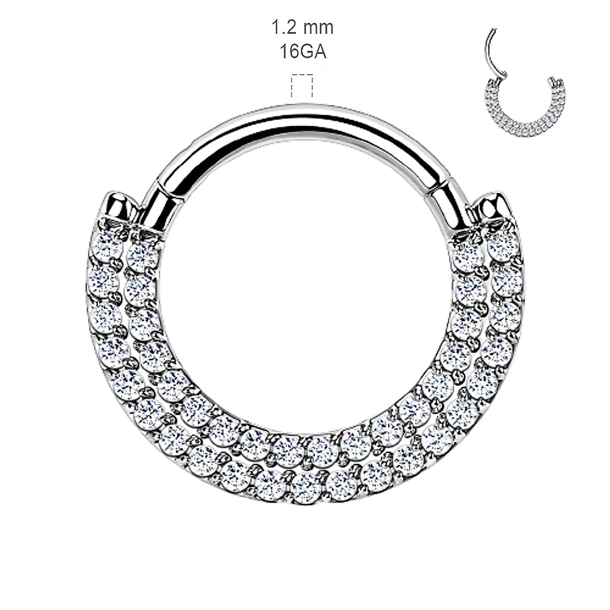 Pierced Owl 16GA G23 Implant Grade Titanium Double CZ Crystal Lined Cartilage Helix Daith Septum Hinged Segment Ring (Silver Tone, 8mm Diameter)