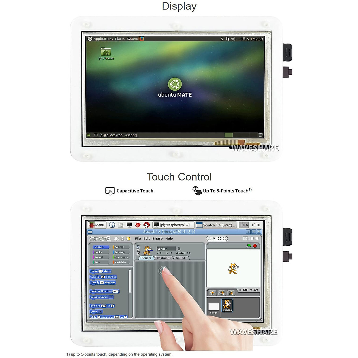 Waveshare 7inch Capacitive Touch Screen LCD with Bicolor Case Compatible with Raspberry Pi 4B/3B+/3A+/2B/B+/A+/Zero/Zero W/WH/Zero 2W CM3+/4 800×480 Resolution HDMI Supports Windows