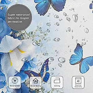 BIUSTAR 4 Piece Blue Butterfly Shower Curtains Sets with Non-Slip Rugs, Toilet Lid Cover and Bath Mat, Bathroom Sets with Shower Curtain and Rugs and Accessories