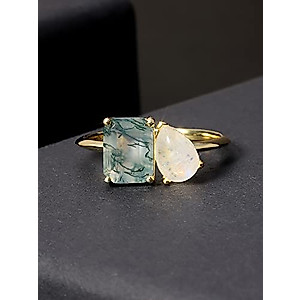 Gem's Beauty Milky Blue Moonstone Green Moss Agate Gold Sterling Silver Toi et Moi Ring Women Gold Rings Moss Agate Jewelry Engagement Rings Women Gifts(Size6)