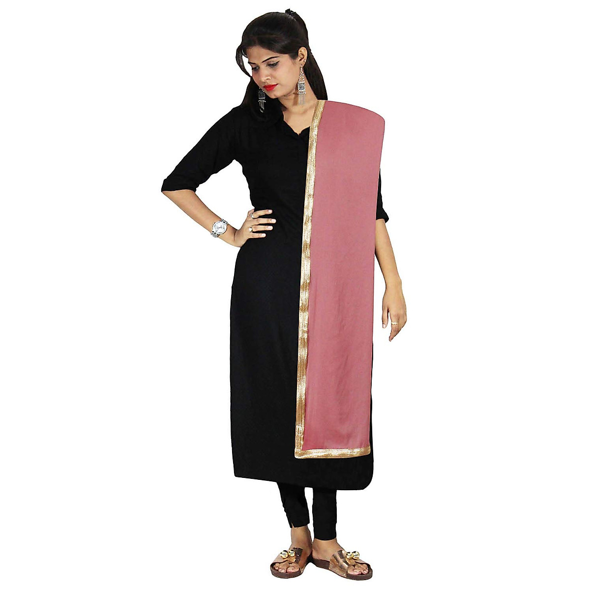 Mauve Dupatta Semi Chiffon Golden Lace Chunni Stole Neck Wrap Scarf Head Wrap Hijab for Her