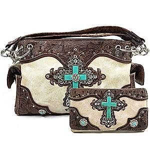 Zelris Turquoise Rhinestone Cross Western Women Conceal Carry Handbag Wallet Set (Beige)