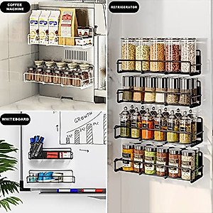 Trouwids Magnetic Spice Rack for Refrigerator, 4 Pack Magnetic Shelf Spice Rack Organizer, Metal Magnetic Fridge Shelf with 8 Hooks for Kitchen Fridge Magnet Organizer for Spice Storage (4 Pack, Black)
