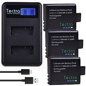 Tectra 3-Pack PG1050 Battery and LCD Dual Charger for 4k Action Camera AKASO EK7000, Brave 4, Dragon Touch 4K, APEMAN, EKEN, Campark, SOOCOO, DBPOWER, Crosstour