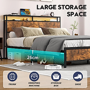 Modern Industrial Bed Frame with LED Lights,2-Tier Storage Headboard with Charging Station,Industrial Metal Platform LED Bed Frame with Outlets and USB Ports,Noise Free,No Box Spring Needed