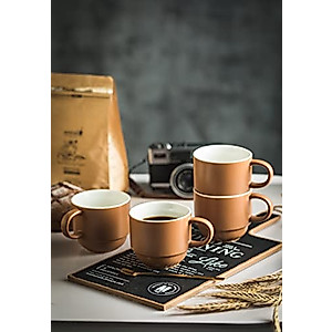 YHOSSEUN 11 Oz Coffee Mug Set Porcelain Stackable Mug with Stand and Metal Spoon - Tea Cups Demitasse Cups for Drinks, Espresso, Latte - Porcelain Stackable Coffee Mugs with Rack Set of 4, Brown