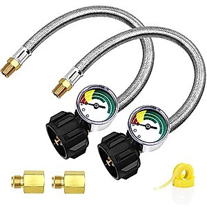 2 Packs UPGRADED 1/4" NPT RV Propane Pigtail Hoses with Gauge 1/4" Inverted Connector , 40Lb 250PSI , 20 Inch Stainless Steel Braided Propane Tank Pigtail Connector for Standard Two-Stage Regulator