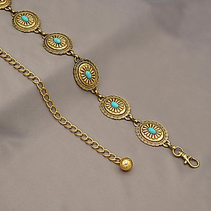 Liutufy Women's Turquoise Concho Chain Belt Western Cowgirl Metal Waist Chain Belt for Dress (B Gold-M)