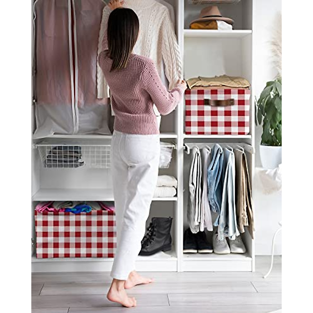 Rustic Red Checkered Storage Basket for Shelves, Valentine Red Buffalo Plaid Storage Cube Fabric Storage Bins, Closet Organizers with Handles for Book, Toys, Cloth, 15x11x9.5 Inch
