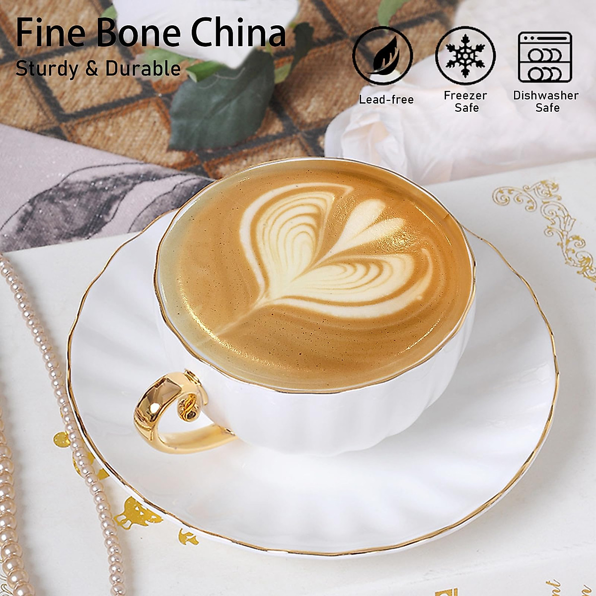 ICHAG Teacup and Saucer Set, Tea Cups Set of 6, Porcelain Tea Cups 7.7oz, Golden Trim, Golden Spoon, Tea Cups Set of 18 for Afternoon Tea, Womens Tea Party, Home Office Present (Pumpkin Coffee Mugs)