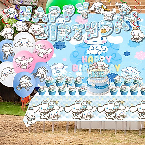 Cinnamoroll Birthday Decorations, Party Supplies Set Include Banner, Backdrop, Balloons, Hanging Swirls, Cake Cupcake Toppers, Tablecloth for Kids Cinnamoroll Theme Party