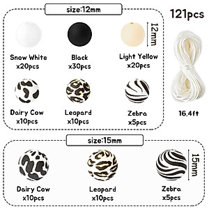 121Pcs Silicone Beads 12mm Necklace Silicone Beads Keychain Earring Making Leopard Cow Print Silicone Round Beads and 15mm Round Shaped Beads for Jewellery Making DIY Crafting
